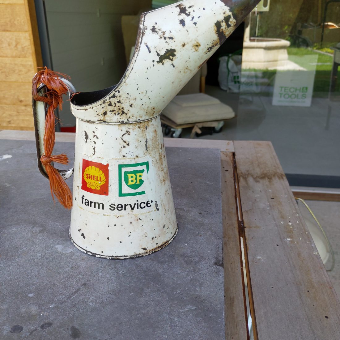 US Antique WW2 petroleum can with wooden handle for your mancave